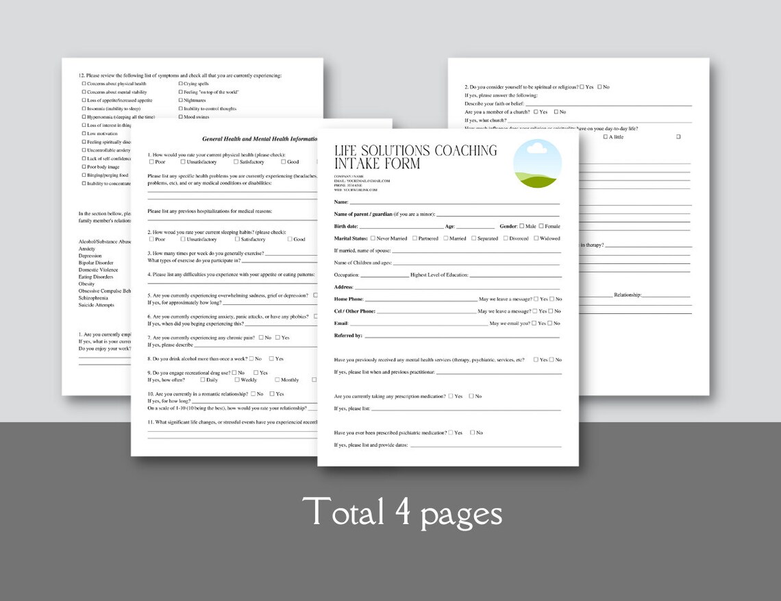 Editable and Printable Life Solutions Coaching Client Intake Form ...