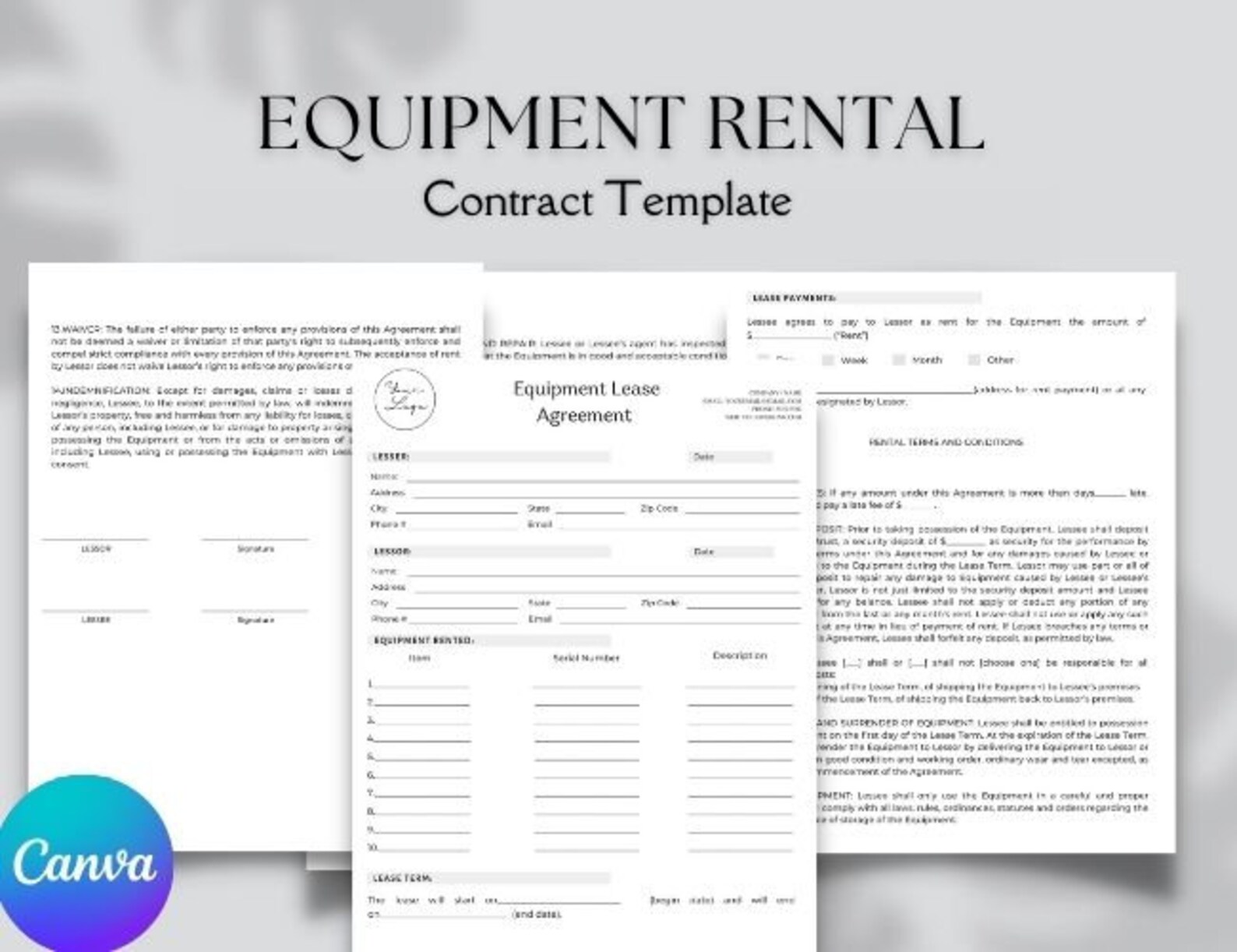 Editable and Printable Equipment Rental Contract Template, Rental ...