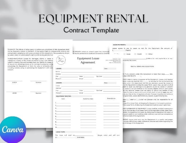 Editable and Printable Equipment Rental Contract Template, Rental ...