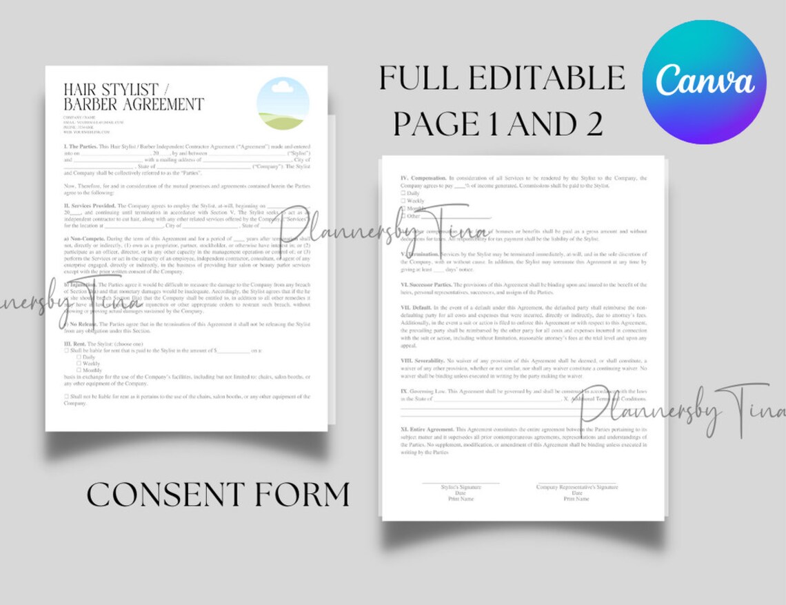 Editable and Printable Hair Stylist Barber Contract Template, Barber ...