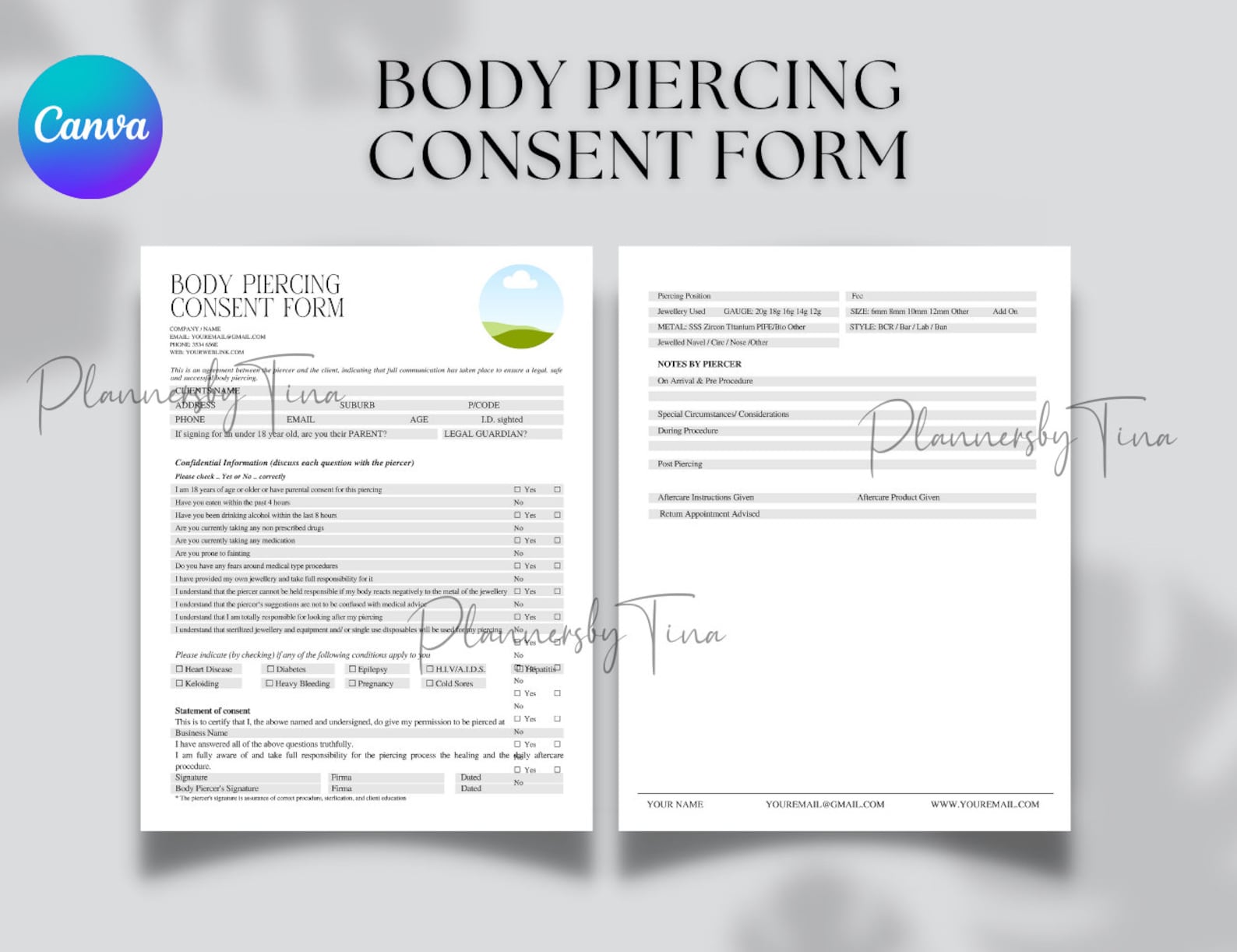Editable and Printable Body Piercing Consent Form, Piercing Business ...
