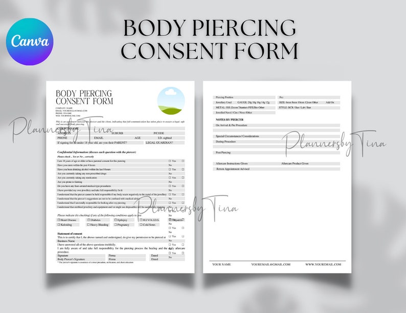 Editable and Printable Body Piercing Consent Form, Piercing Business ...