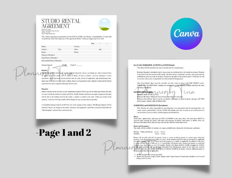 Editable and Printable Studio Rental Agreement Contract Template, Studio Rental Service Contract ...