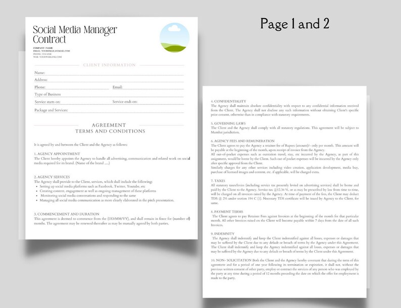 Editable Social Media Manager Services Contract Agreement, Professional ...