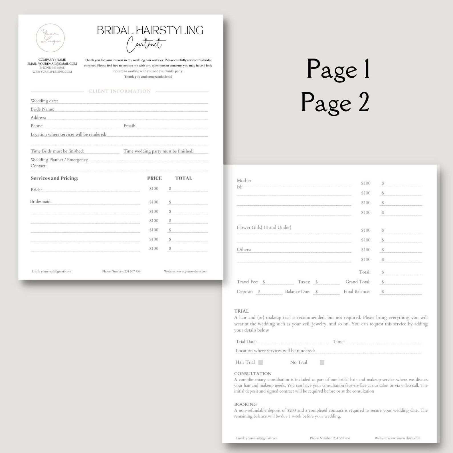 Bridal Hair Artist Contract Editable Template, Wedding Hair Stylist ...