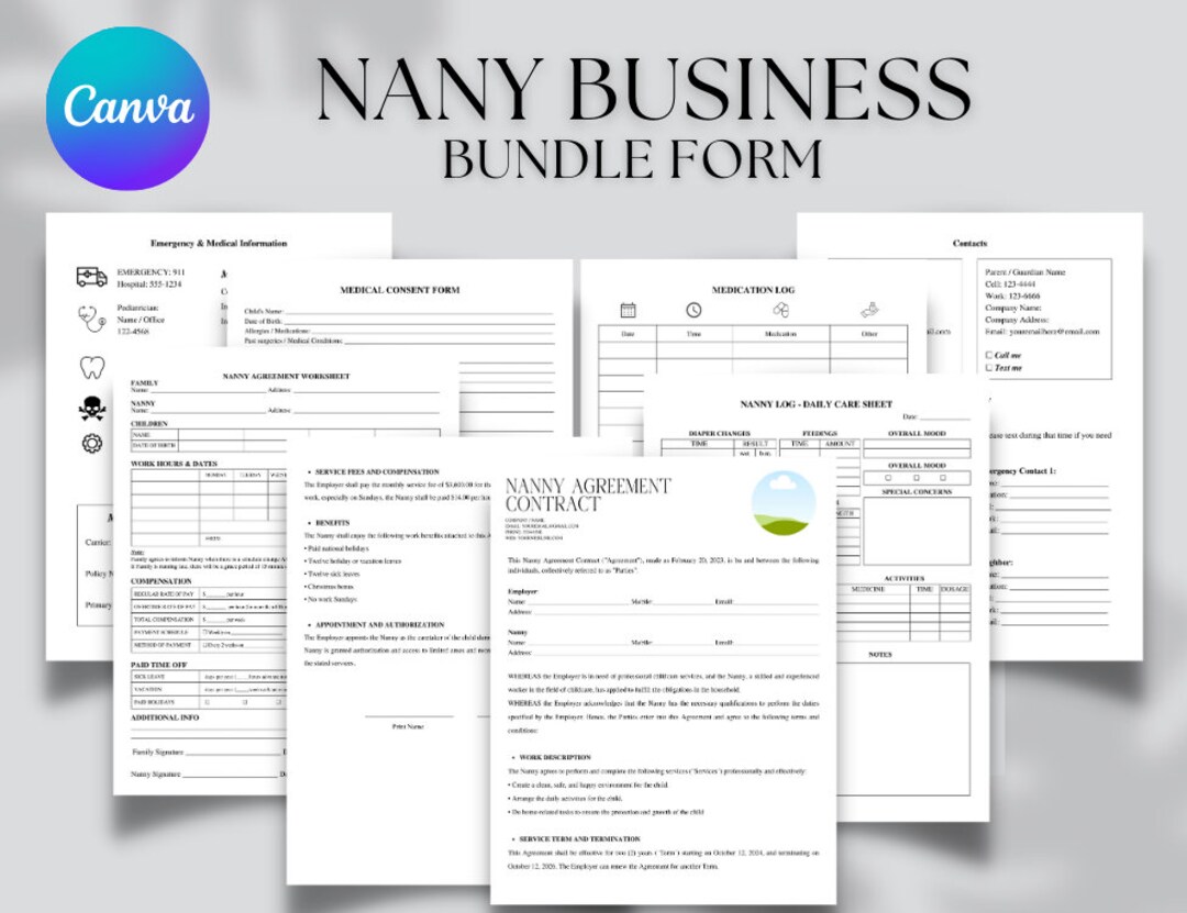 Editable and Printable Nanny Business Form Bundle Template, Nanny ...