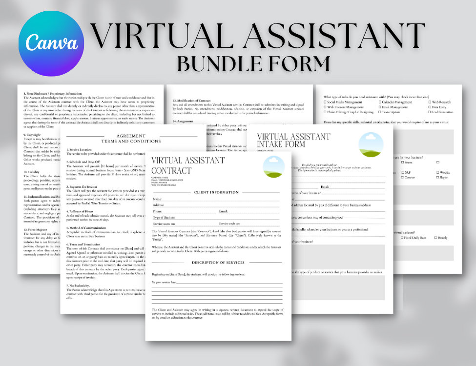 Editable and Printable Virtual Assistant Bundle Forms Editable Template, Intake Client Form ...