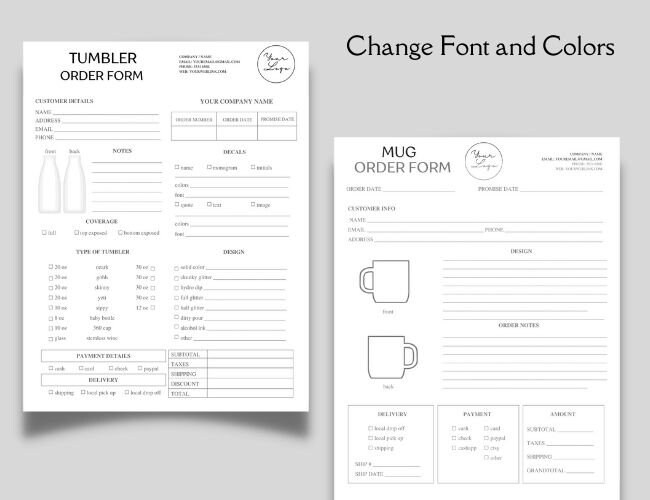 Editable and Printable Tumbler and Mug Order Form Template, Custom ...