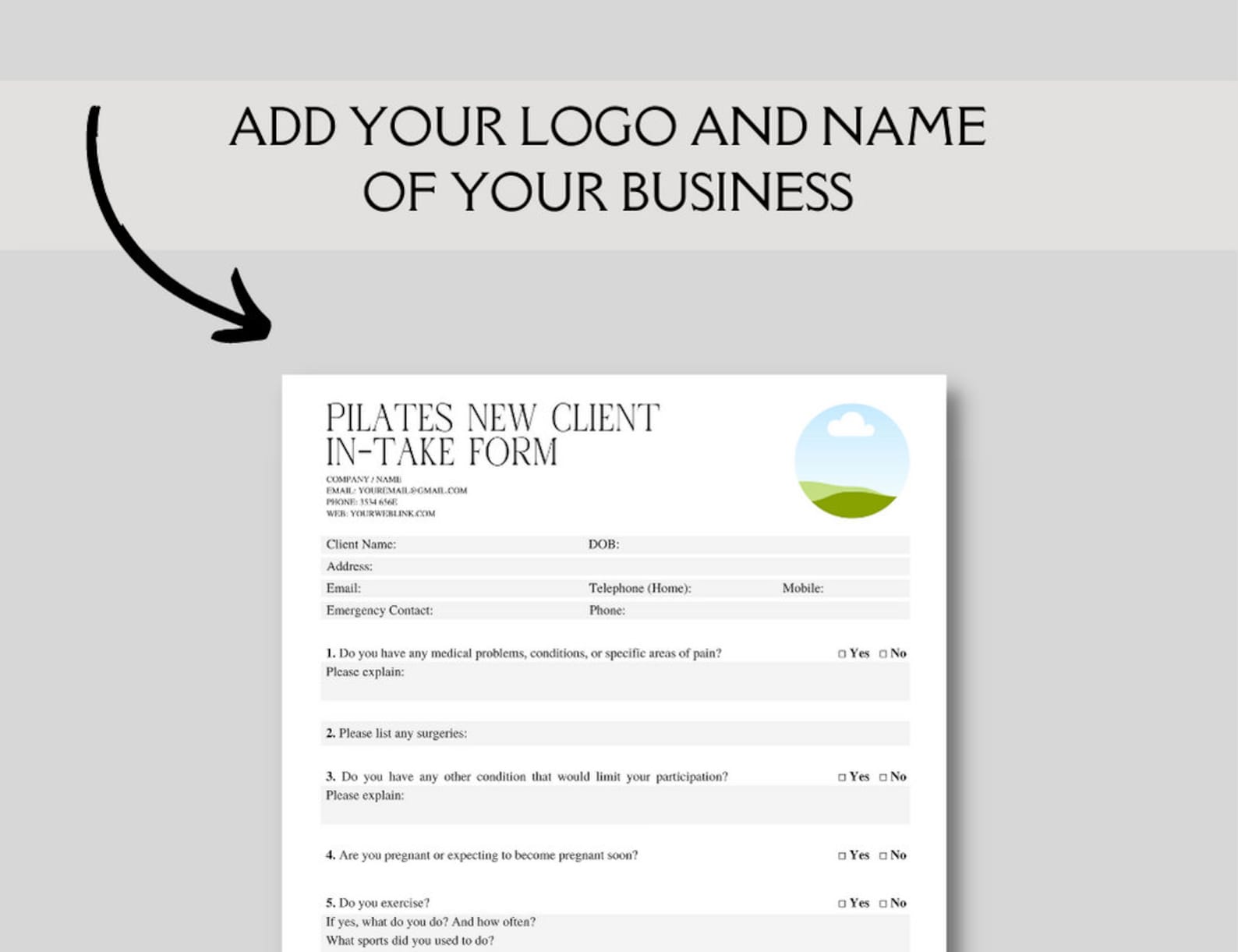 Editable Pilates Studios New Client Intake Form Template, Pilates ...