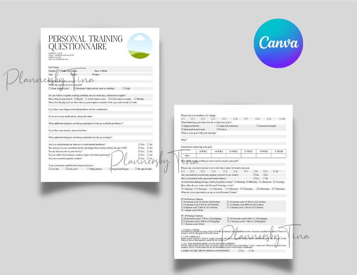 Editable Personal Training Questionnaire New Patient Intake Form ...