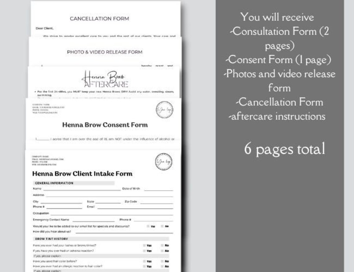 Editable and Printable Henna Brow Form Template, Editable Henna Brows ...