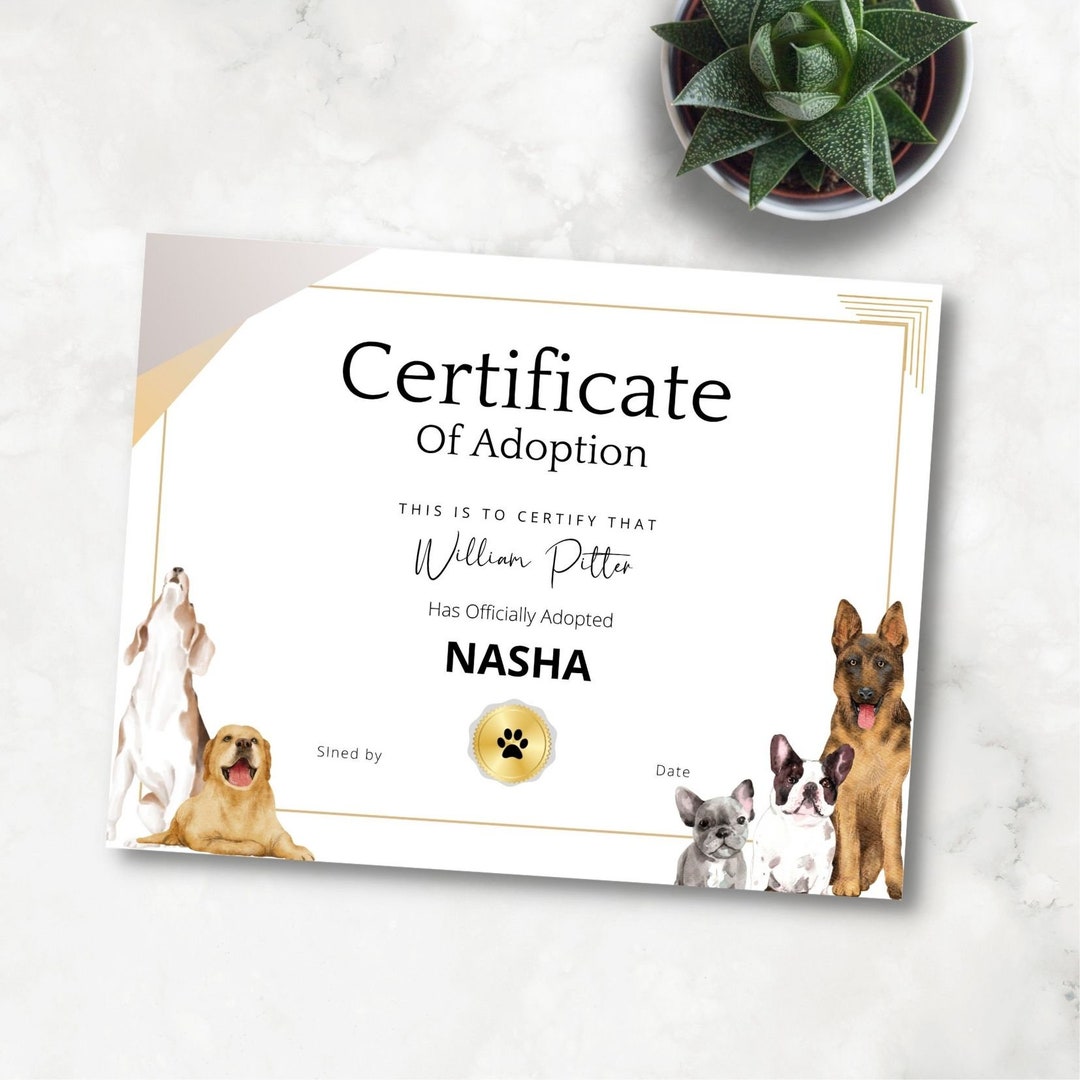 Editable and Printable Cat Dog Pet Adoption Certificate, Printable Pet ...