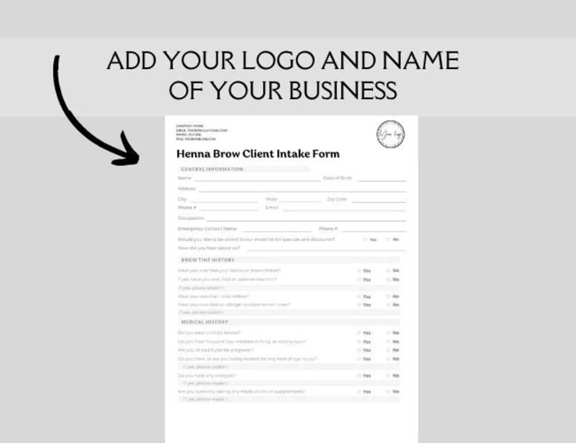 Editable and Printable Henna Brow Form Template, Editable Henna Brows ...