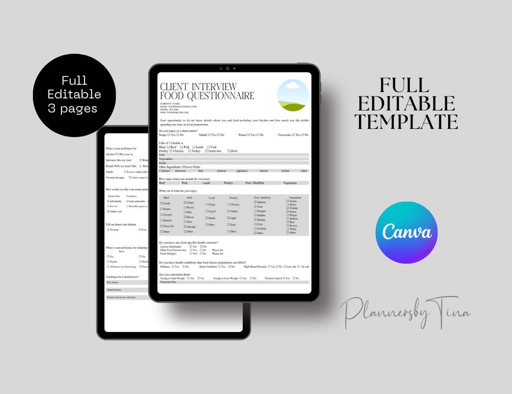 Editable Client Food Questionnaire Form Template, Weight Loss Business ...