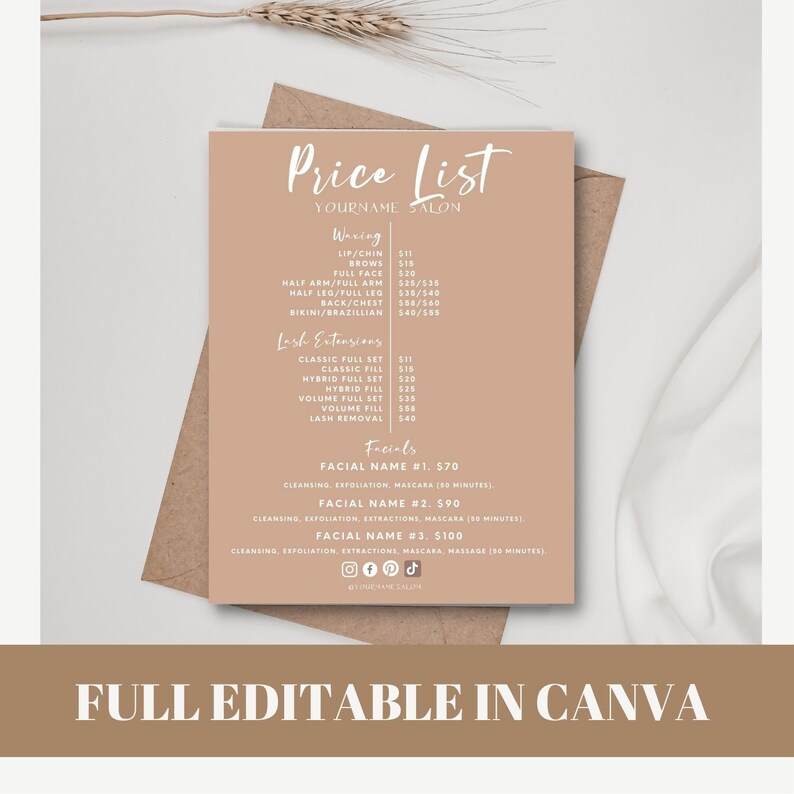 Editable and Printable Spa Business Price List Template, Esthetician ...