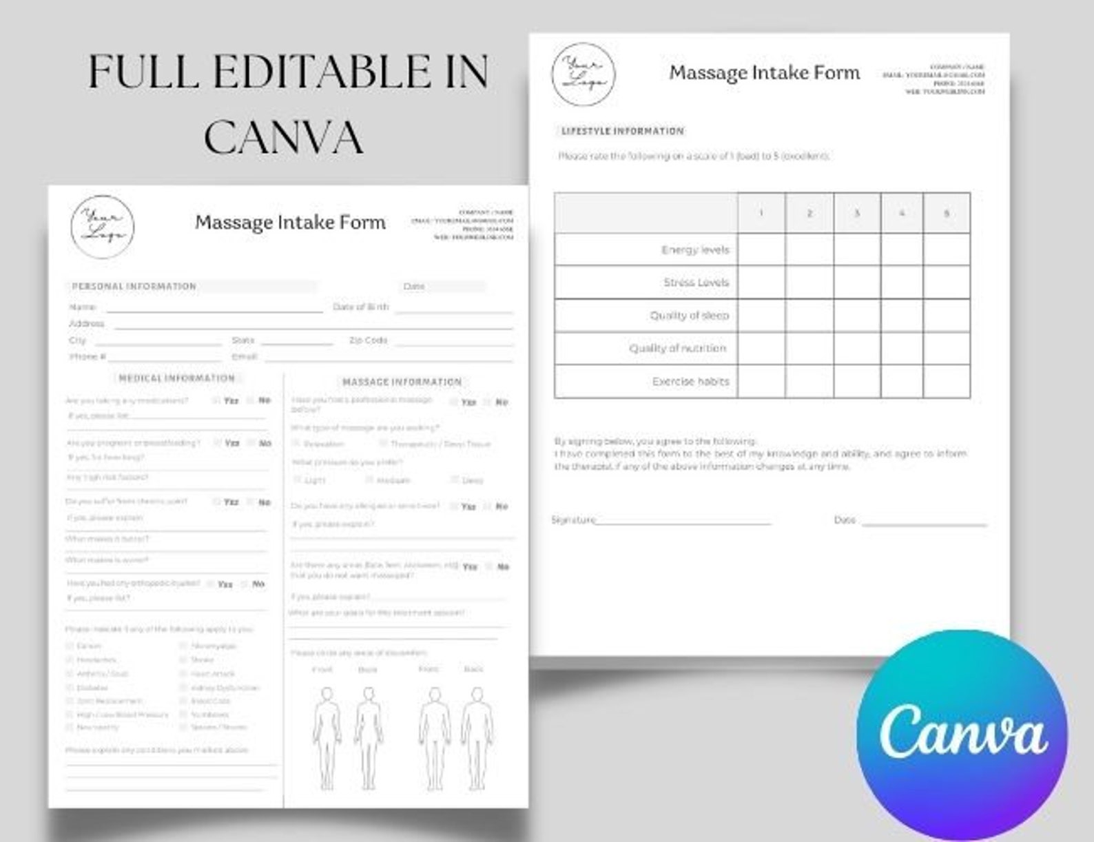 Editable and Printable Massage Therapist Client Forms, Massage Business ...