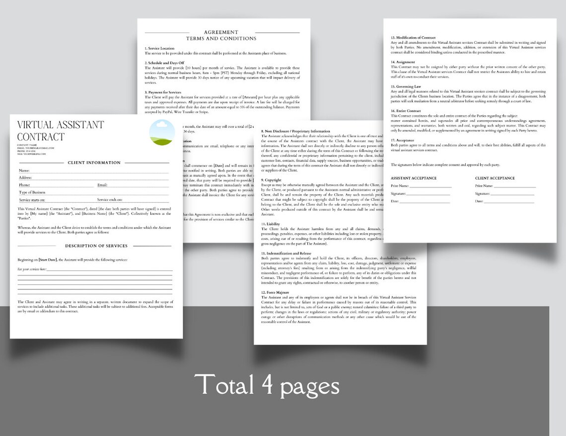 Editable and Printable Virtual Assistant Contract Template, Client ...