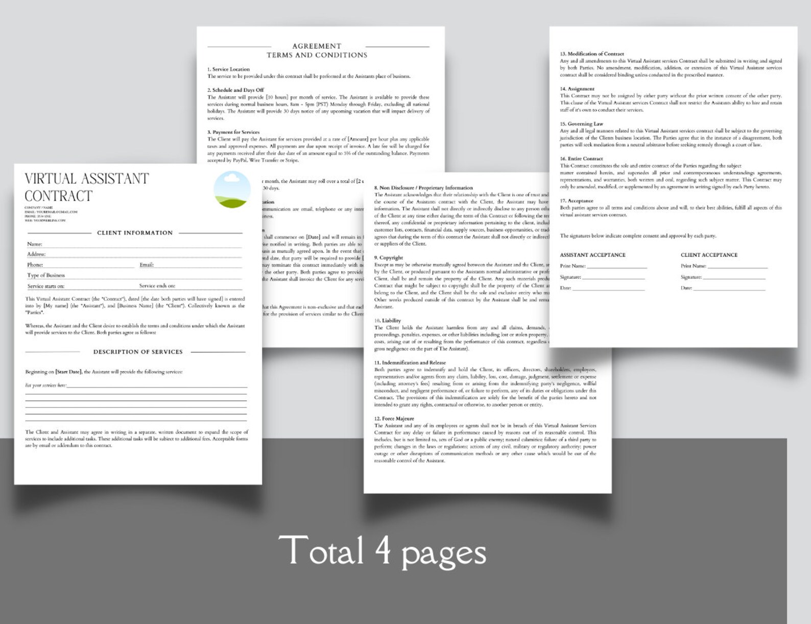 Editable and Printable Virtual Assistant Contract Template, Client ...