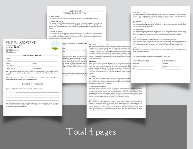 Editable and Printable Virtual Assistant Contract Template, Client ...