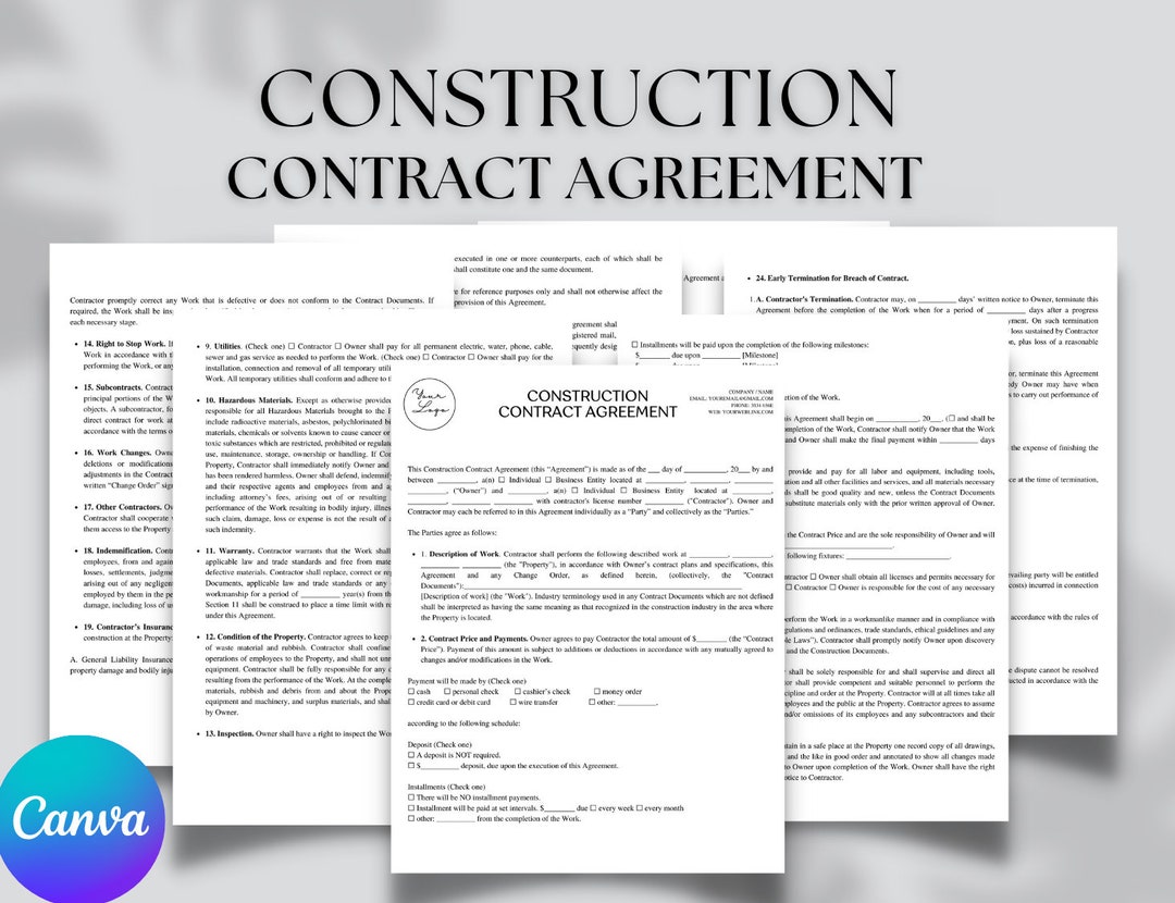 Editable Construction Services Contract Agreement, Professional ...