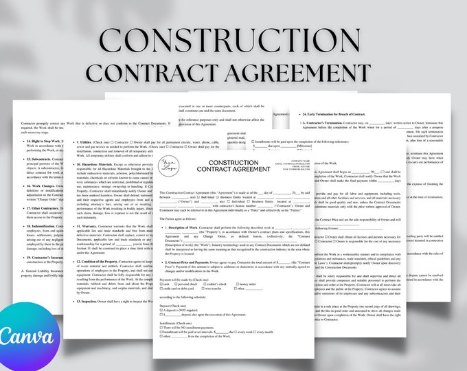 Editable Construction Services Contract Agreement, Professional ...