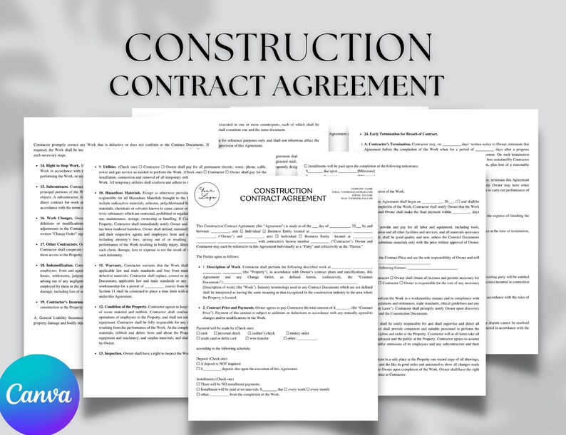 Editable Construction Services Contract Agreement, Professional ...