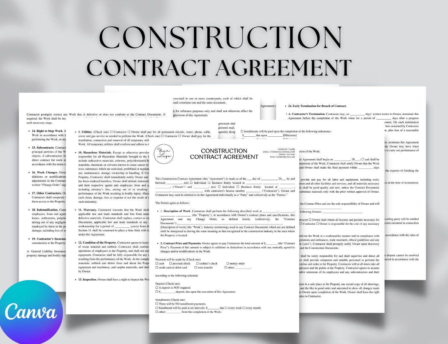 Editable Construction Services Contract Agreement, Professional ...