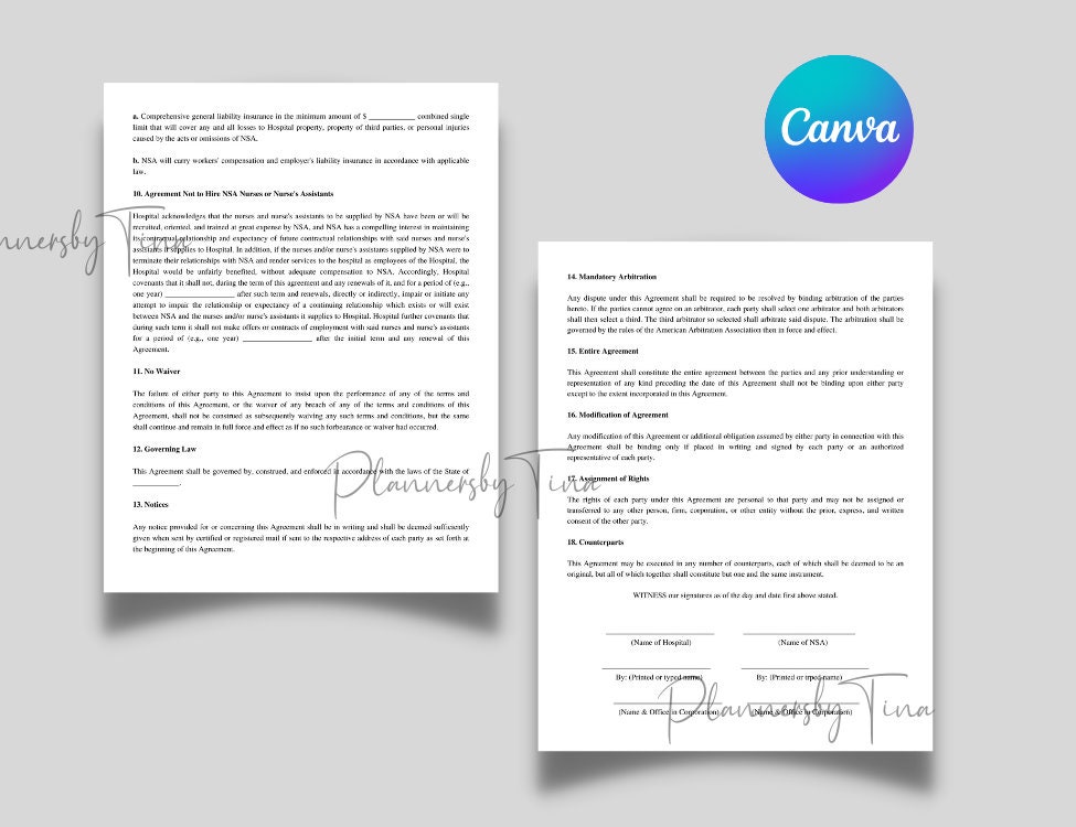 Editable and Printable Hospital Nurse Agreement Template, Nursing Staff ...