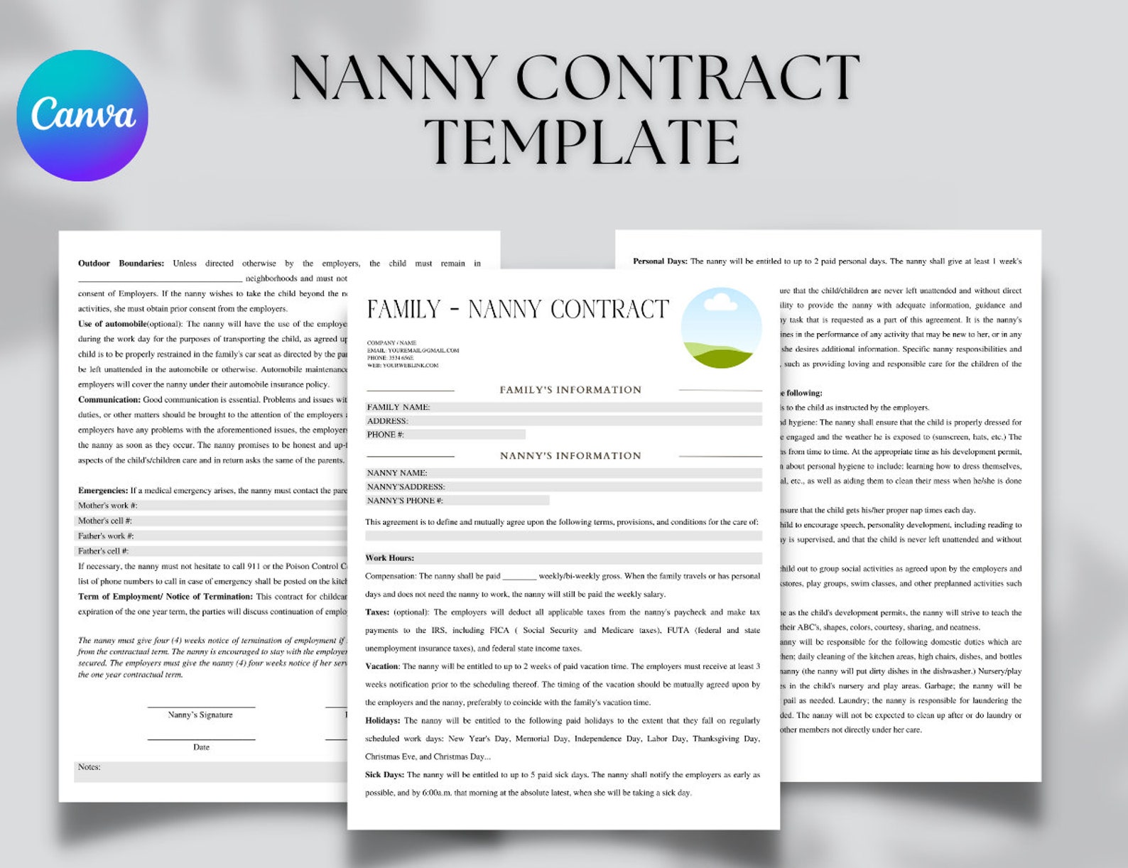 Editable and Printable Nanny Business Form Bundle Template, Nanny ...