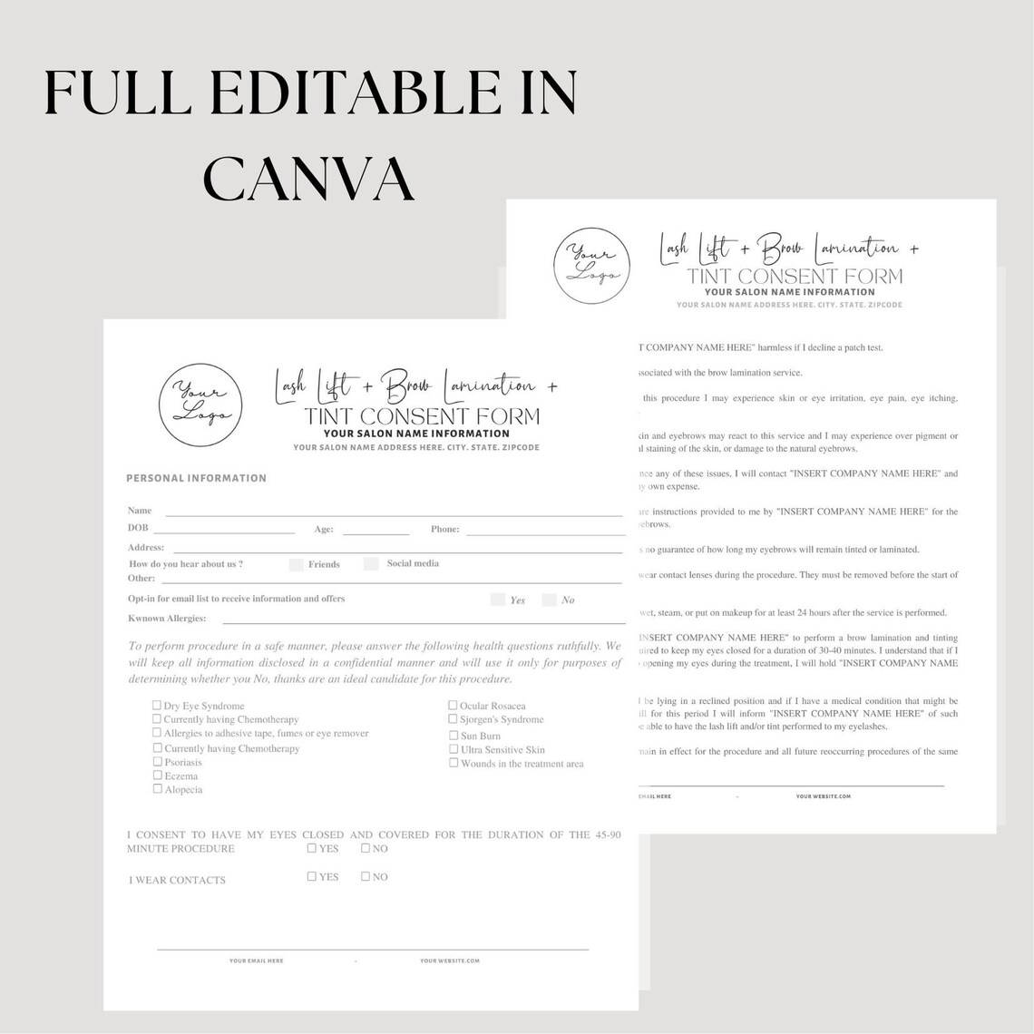 Editable Brow Lamination Lash Lift Tint Form Bundle Template, Intake ...