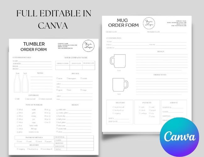 Editable and Printable Tumbler and Mug Order Form Template, Custom ...