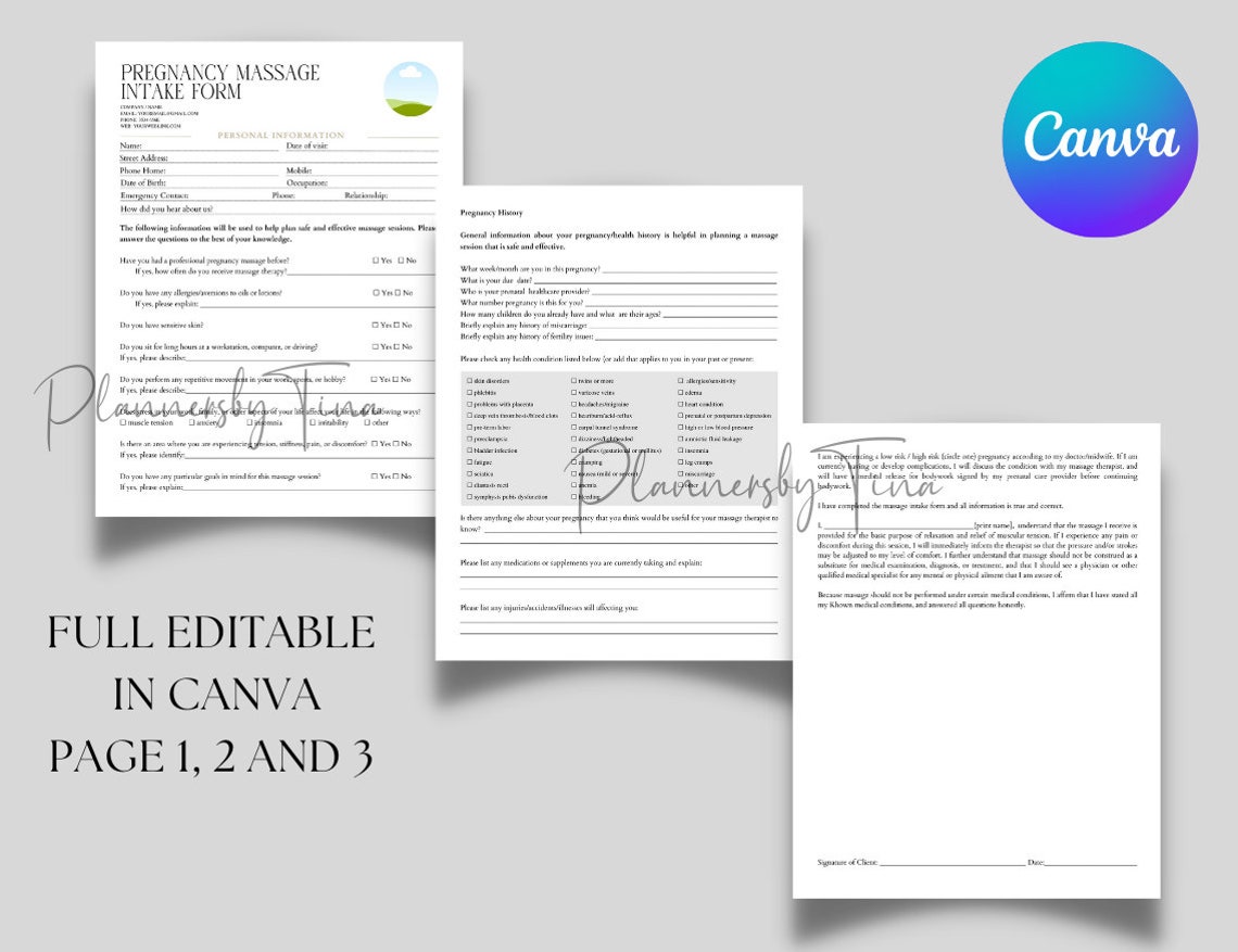 Editable and Printable Pregnancy Massage Client Intake Forms, Editable ...