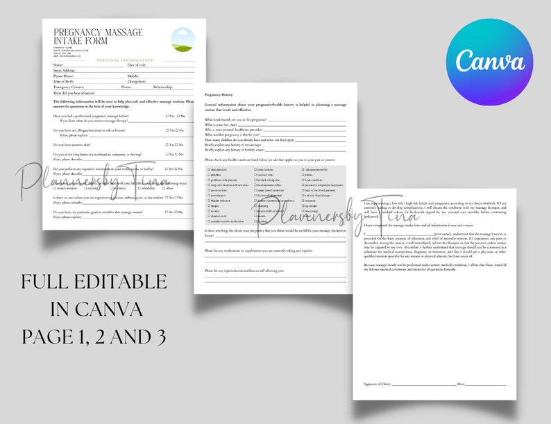 Editable and Printable Pregnancy Massage Client Intake Forms, Editable ...