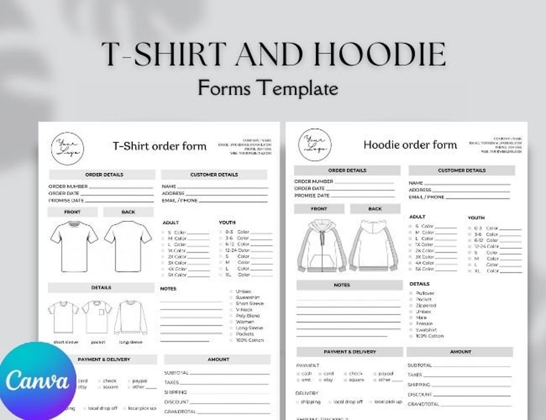 Editable and Printable T-shirt and Hoodie Order Form Template, Minimalist Tshirt Custom Order ...