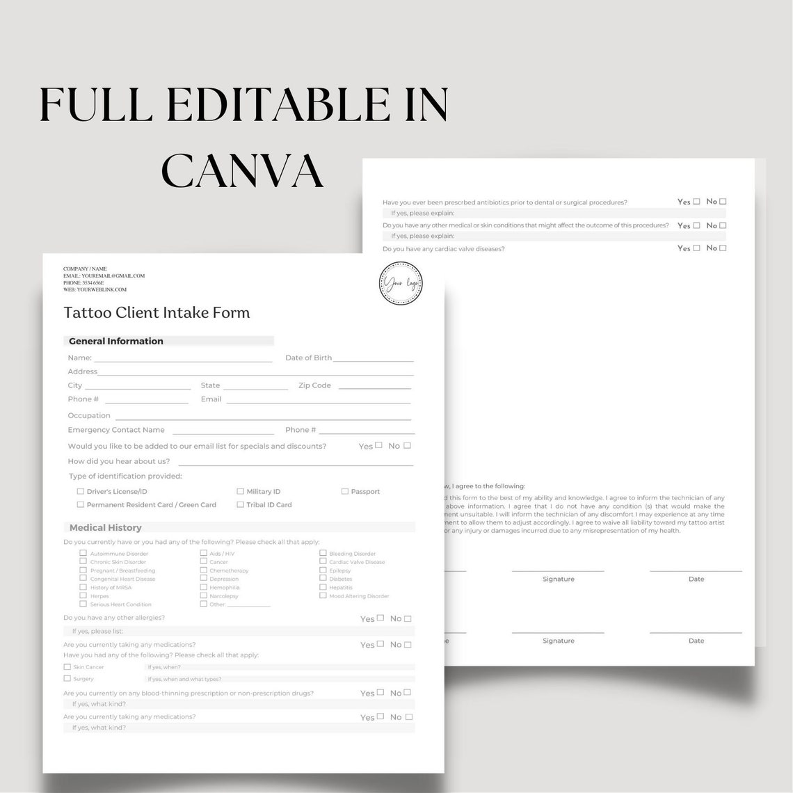 Editable and Printable Tattoo Client Intake Form, Tattoo Business Forms ...