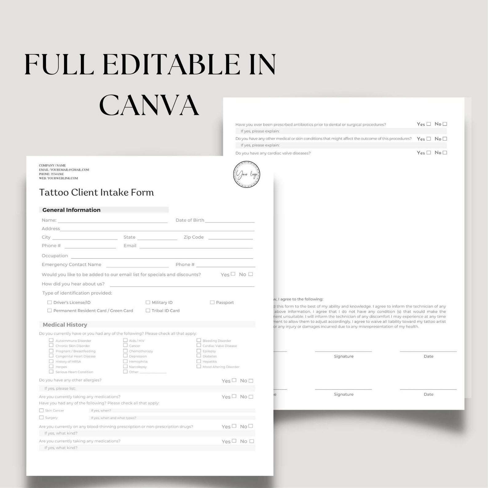 Editable and Printable Tattoo Client Intake Form, Tattoo Business Forms ...