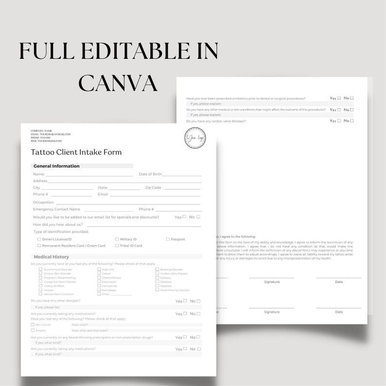Editable and Printable Tattoo Client Intake Form, Tattoo Business Forms ...