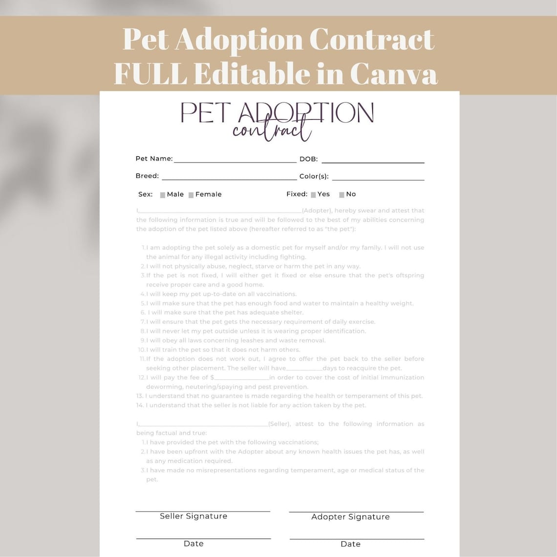 Editable and Printable Pet Adoption Contract Instant Download - Etsy