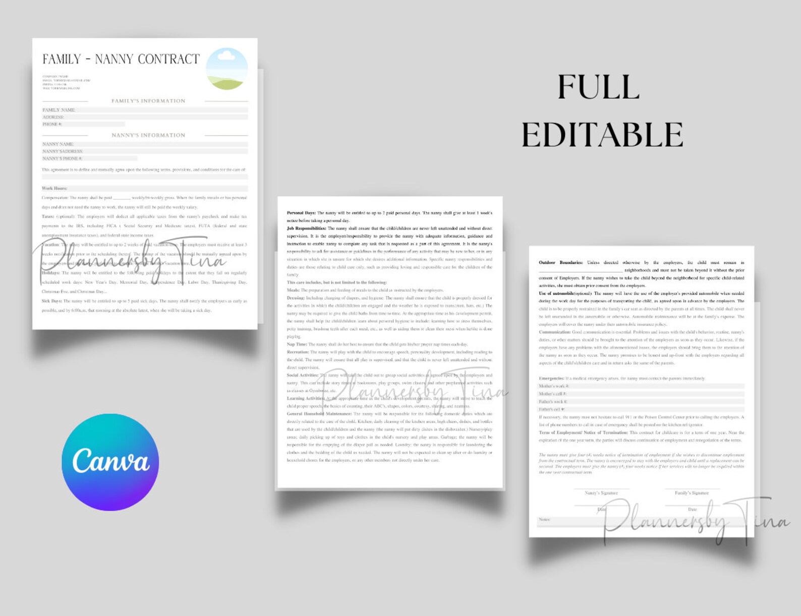Editable and Printable Nanny Business Form Bundle Template, Nanny ...