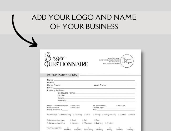Real Estate Buyer Questionnaire Form Editable Template, Client ...