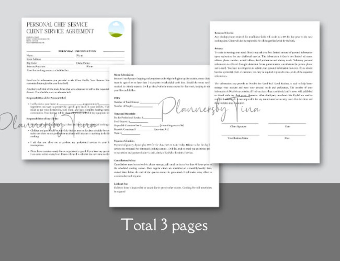 Editable and Printable Private Chef Client Service Agreement Contract ...