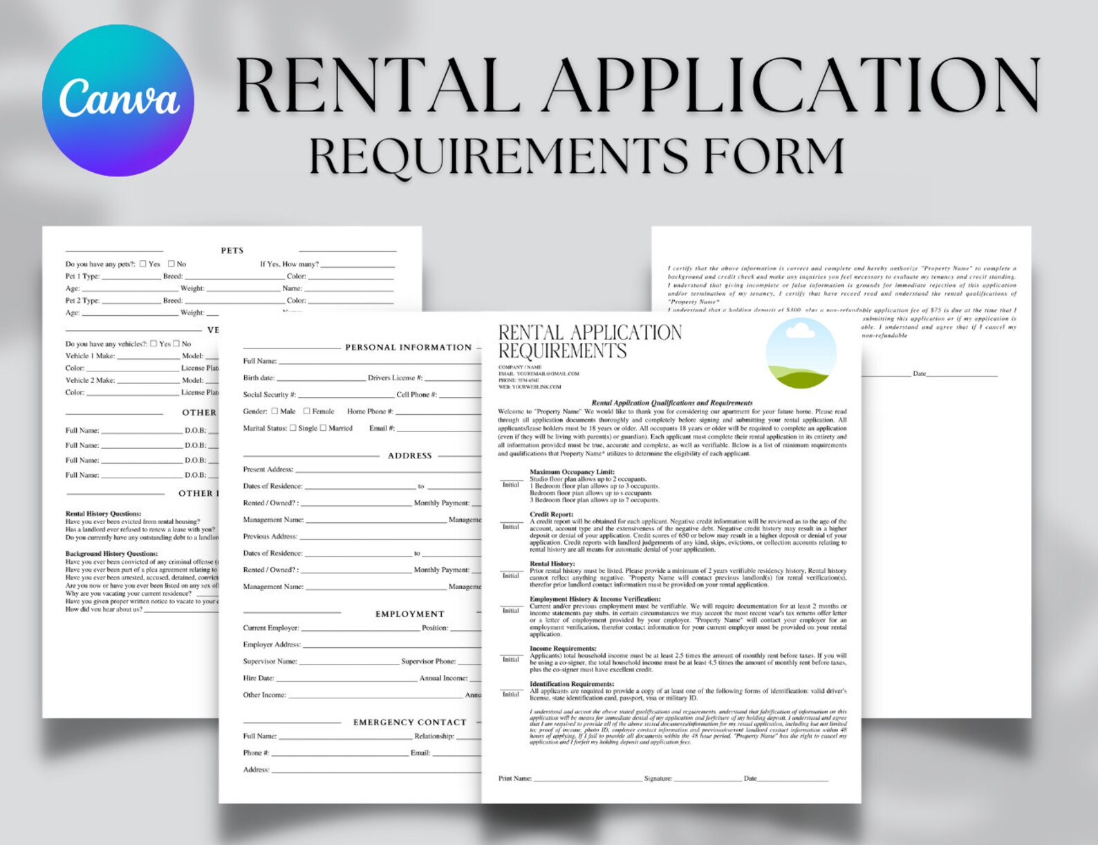 Editable and Printable Rental Application Form, Rental Agreement Form ...