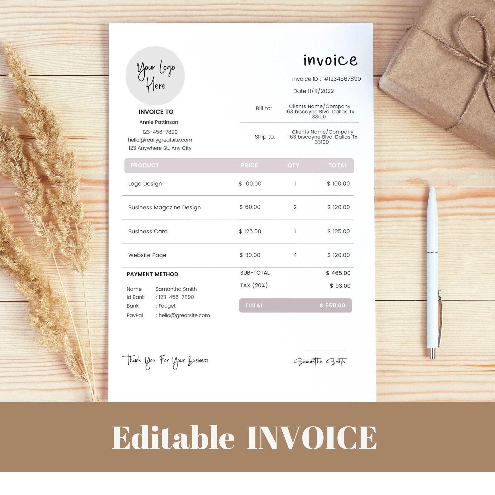 Full Editable Invoice Form Template in Canva, Printable and Editable ...