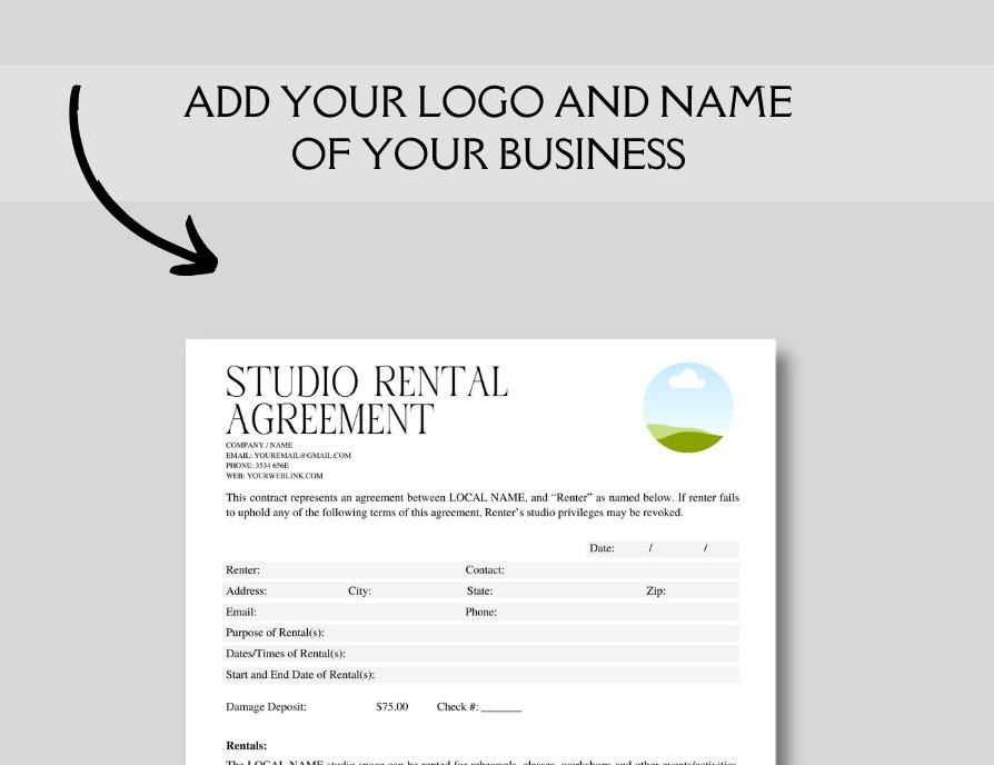 Editable and Printable Studio Rental Agreement Contract Template ...