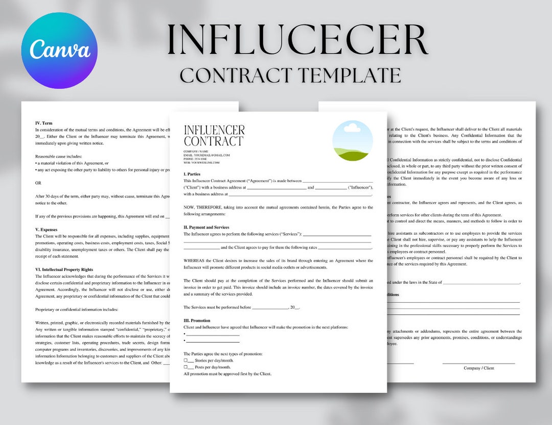 Editable and Printable Social Media Influencer Contract Template ...