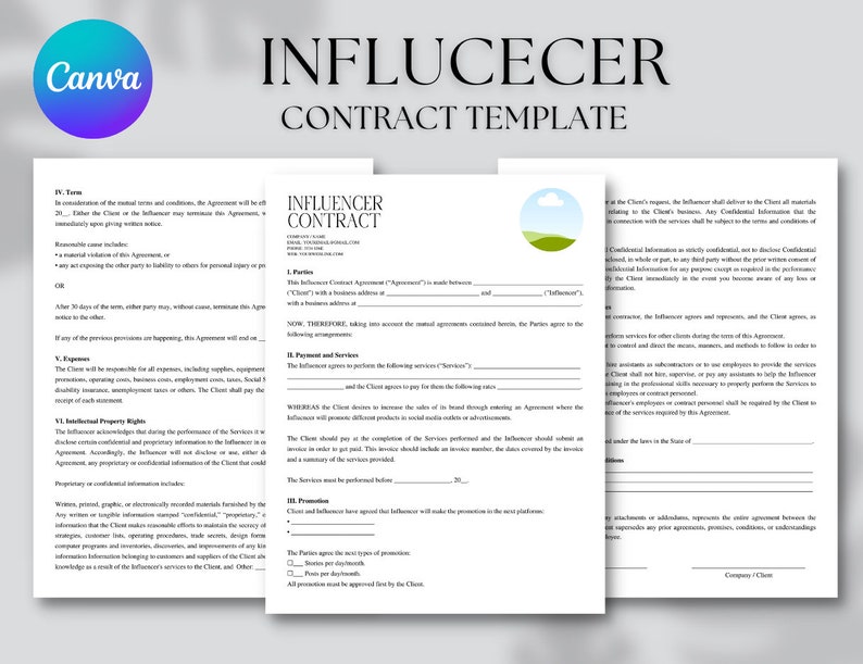 Editable and Printable Social Media Influencer Contract Template ...