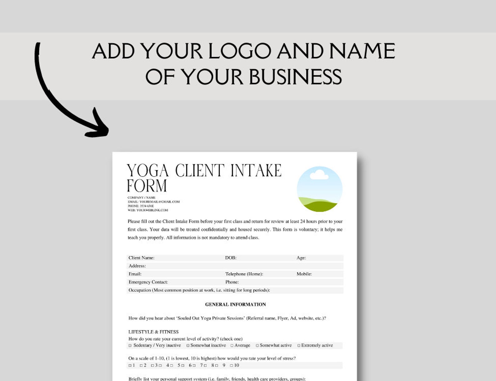 Editable Yoga Classes New Client Intake Form Template, Yoga Studio ...