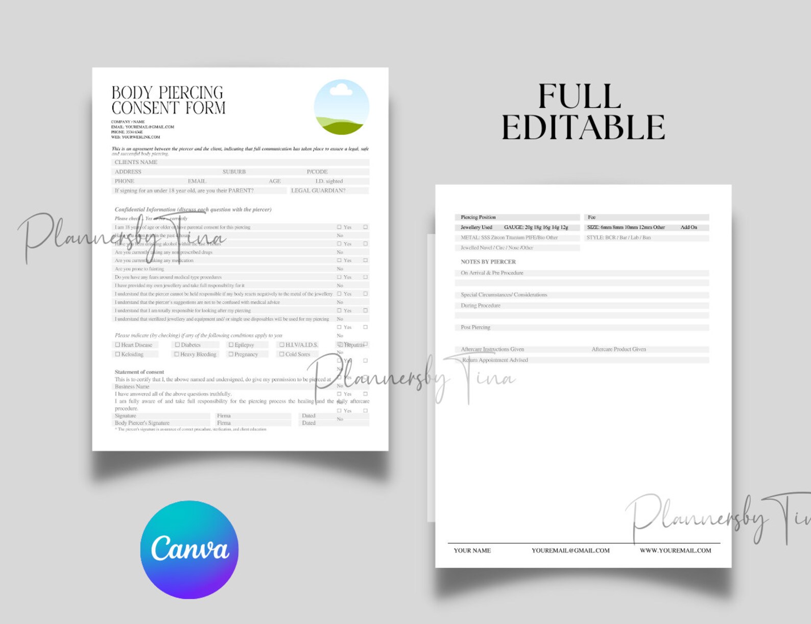 Editable and Printable Body Piercing Consent Form, Piercing Business ...