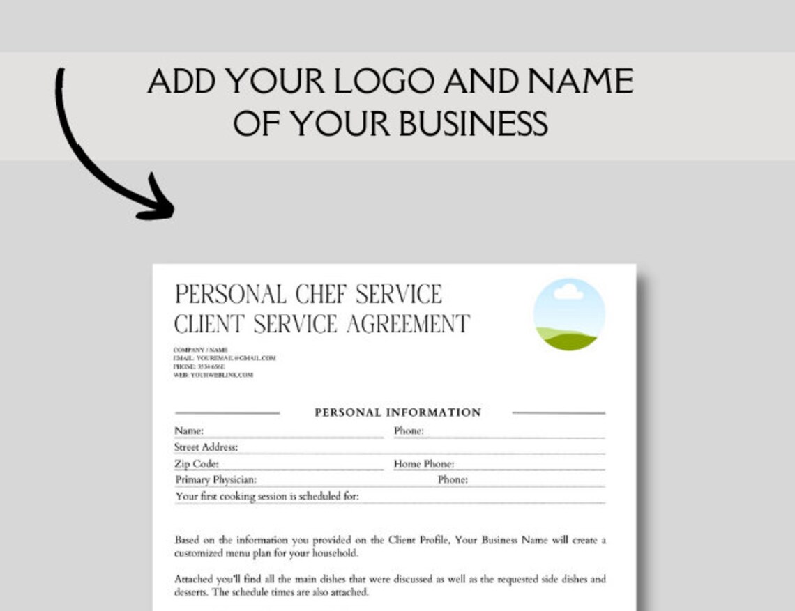 Editable and Printable Private Chef Client Service Agreement Contract ...