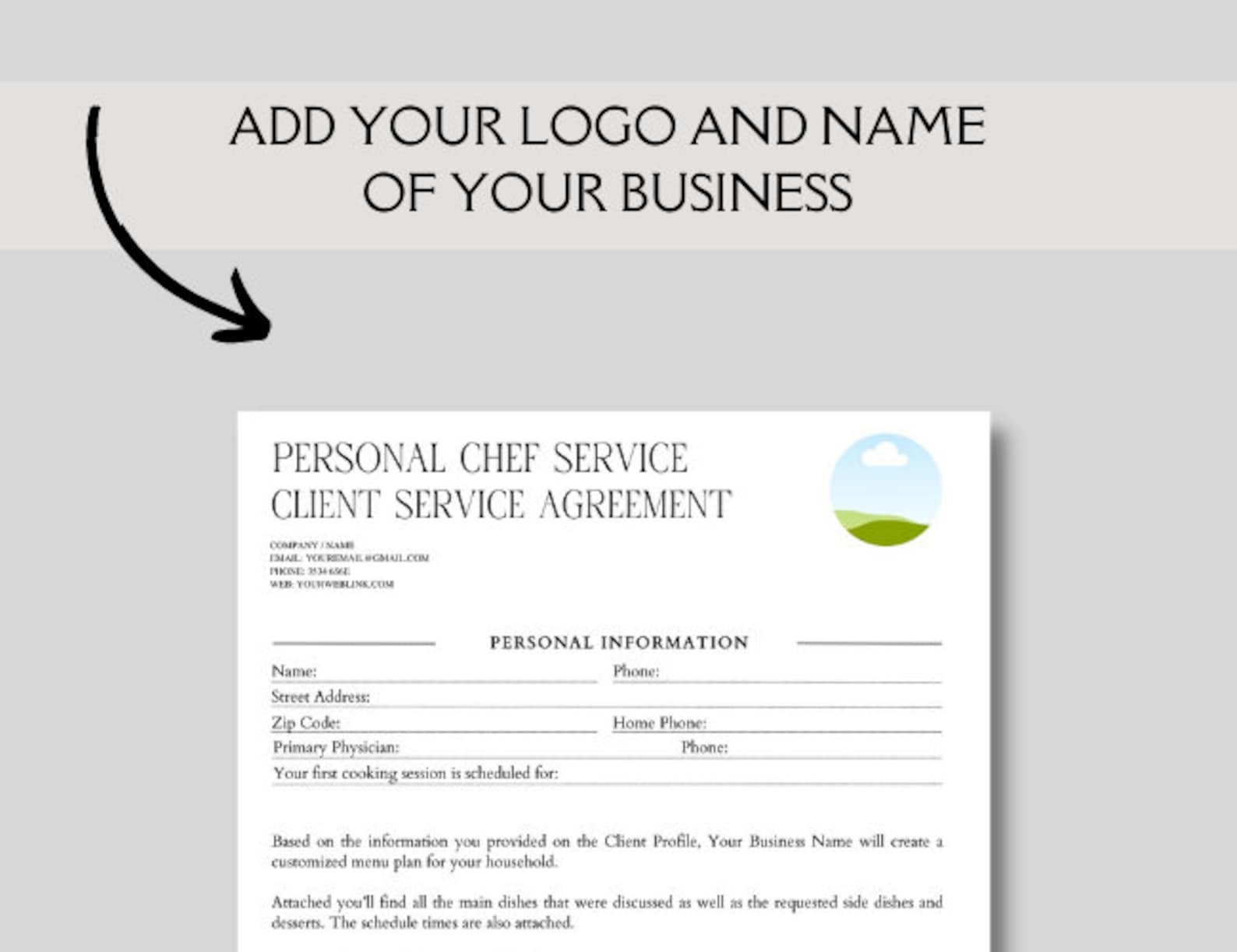 Editable and Printable Private Chef Client Service Agreement Contract ...